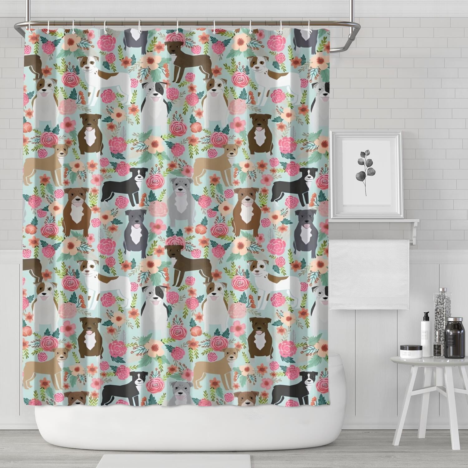 Cute Pitbull Terriers Dog and Flower Shower Curtain 72"x84" ,Bathroom ...