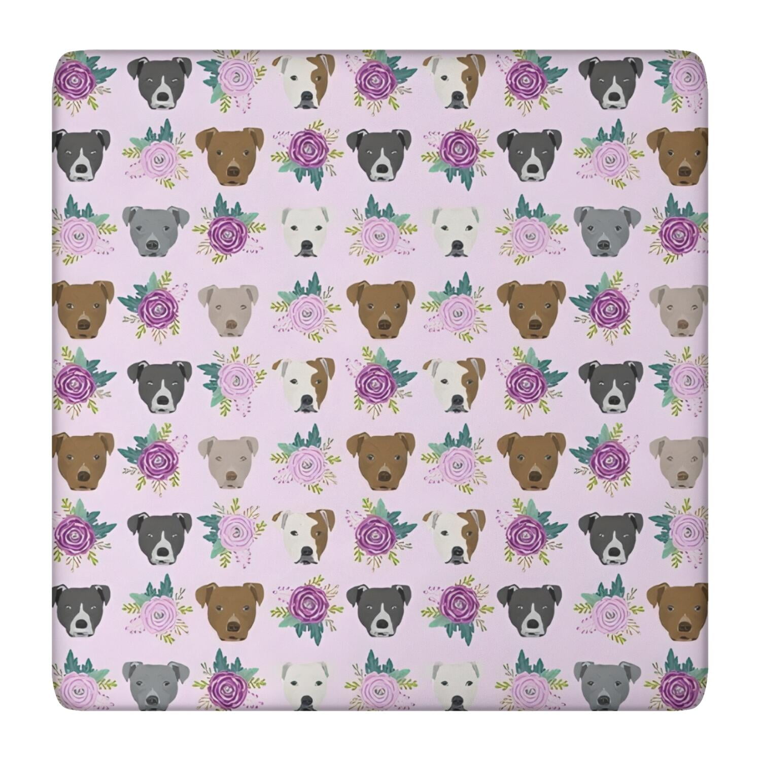 Cute Pitbull Terriers Dog and Flower Square Fitted Tablecloth with ...