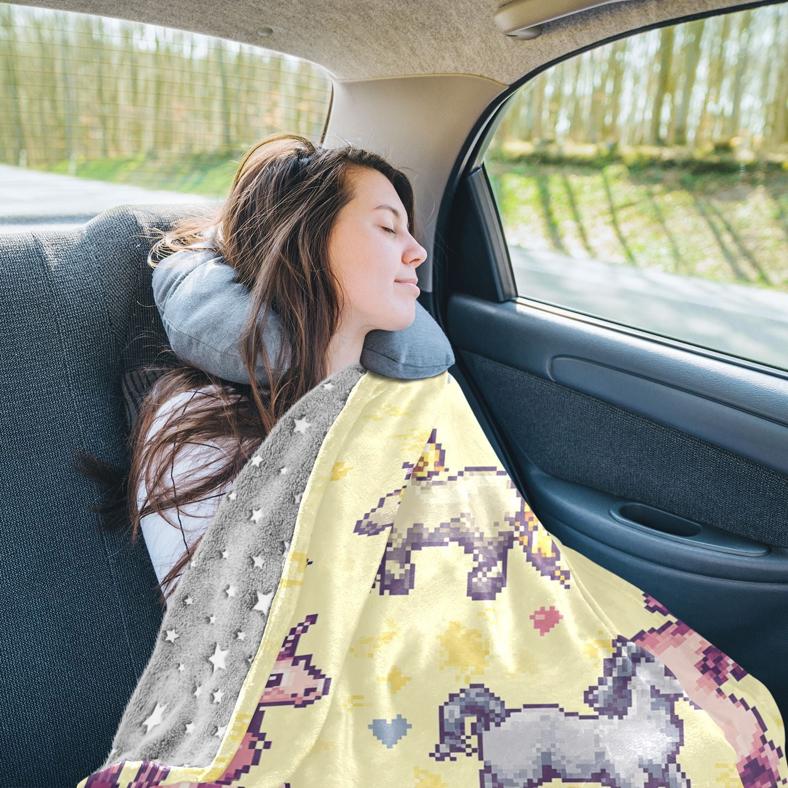 Cute Pixel Unicorns Travel Blanket Pillow Compact Foldable Airplane Throw Blanket with Trolley ...