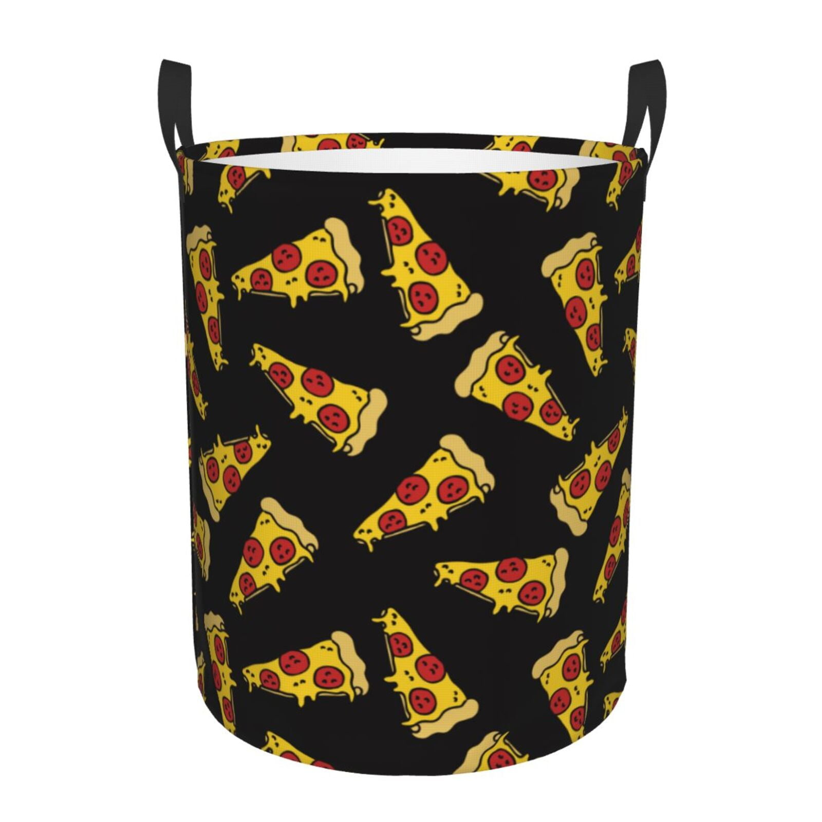 Cute Pizza Black Round Laundry Basket, Laundry Hamper with Handle ...