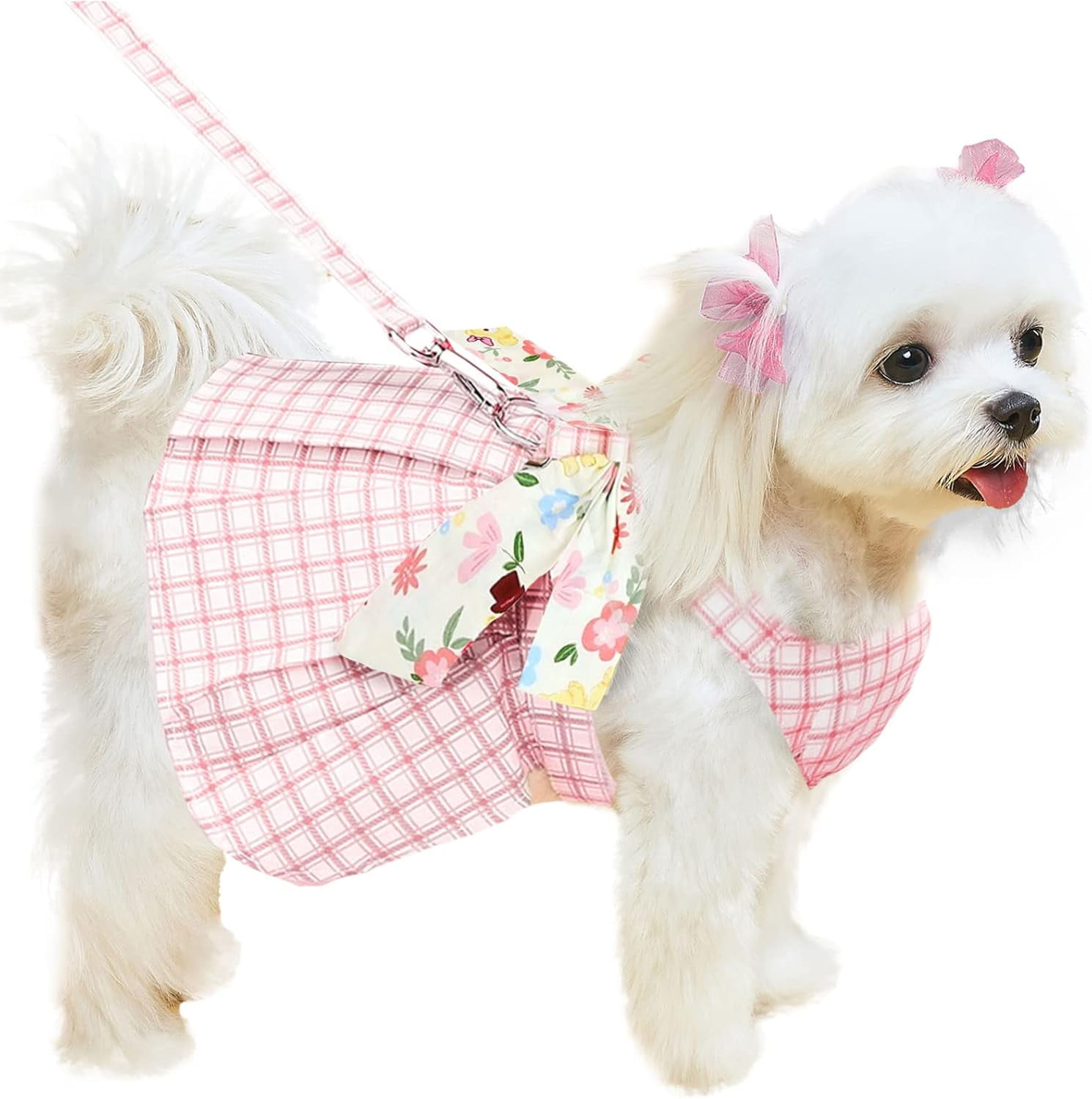 Cute Plaid Dog Dress Harness Leash Set for Small Medium Dog Cats Pink ...