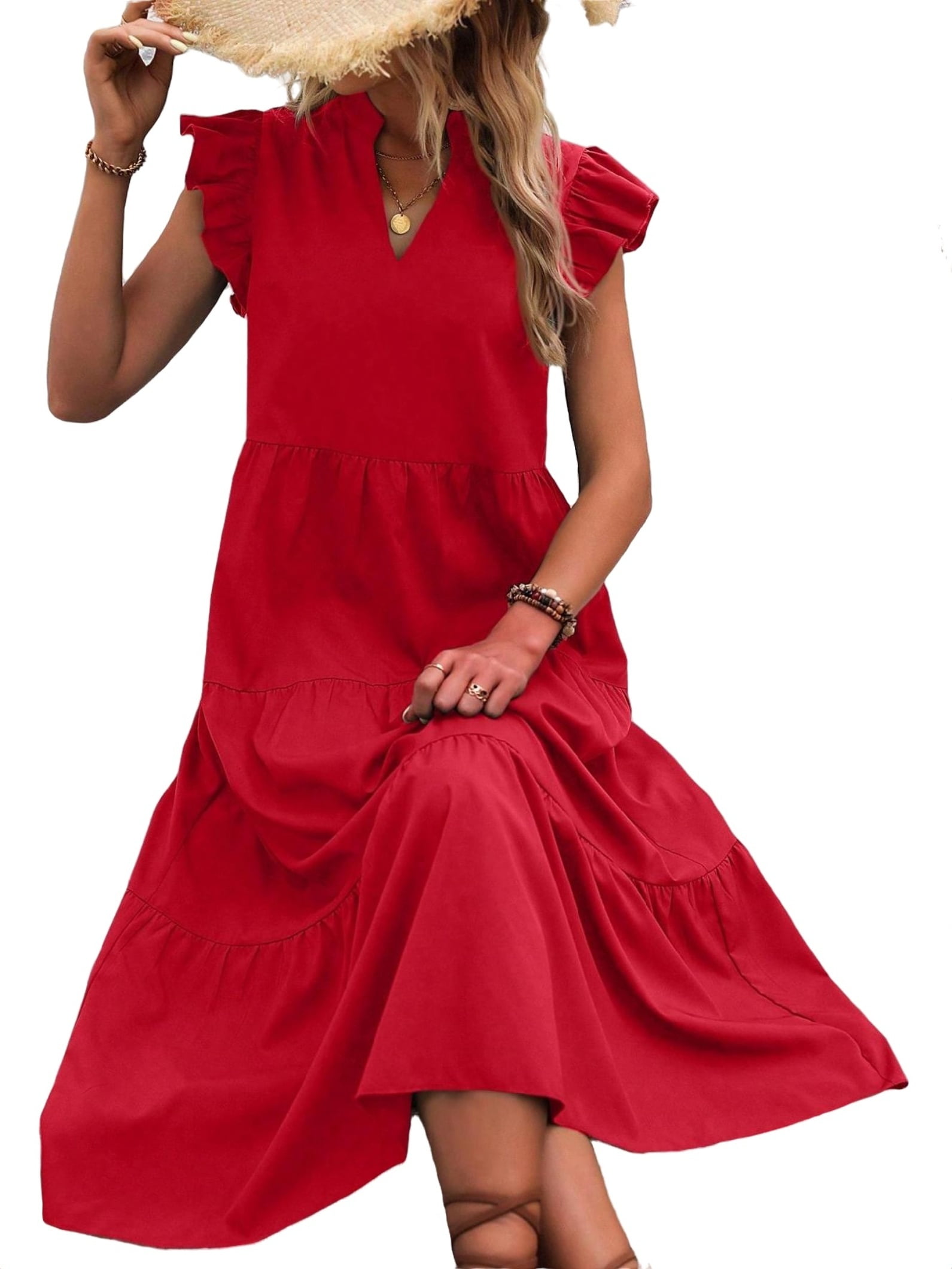 Cute Plain Smock Dress Notched Neck Red Women Dresses - Walmart.com