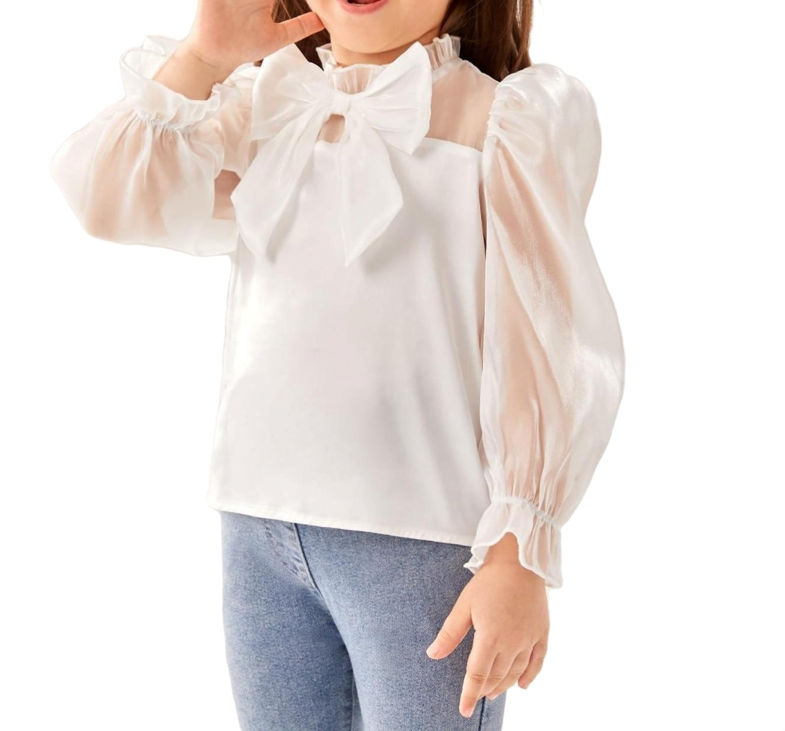 Cute Plain Stand Collar Top Long Sleeve White Young Girls Blouses (Girl ...