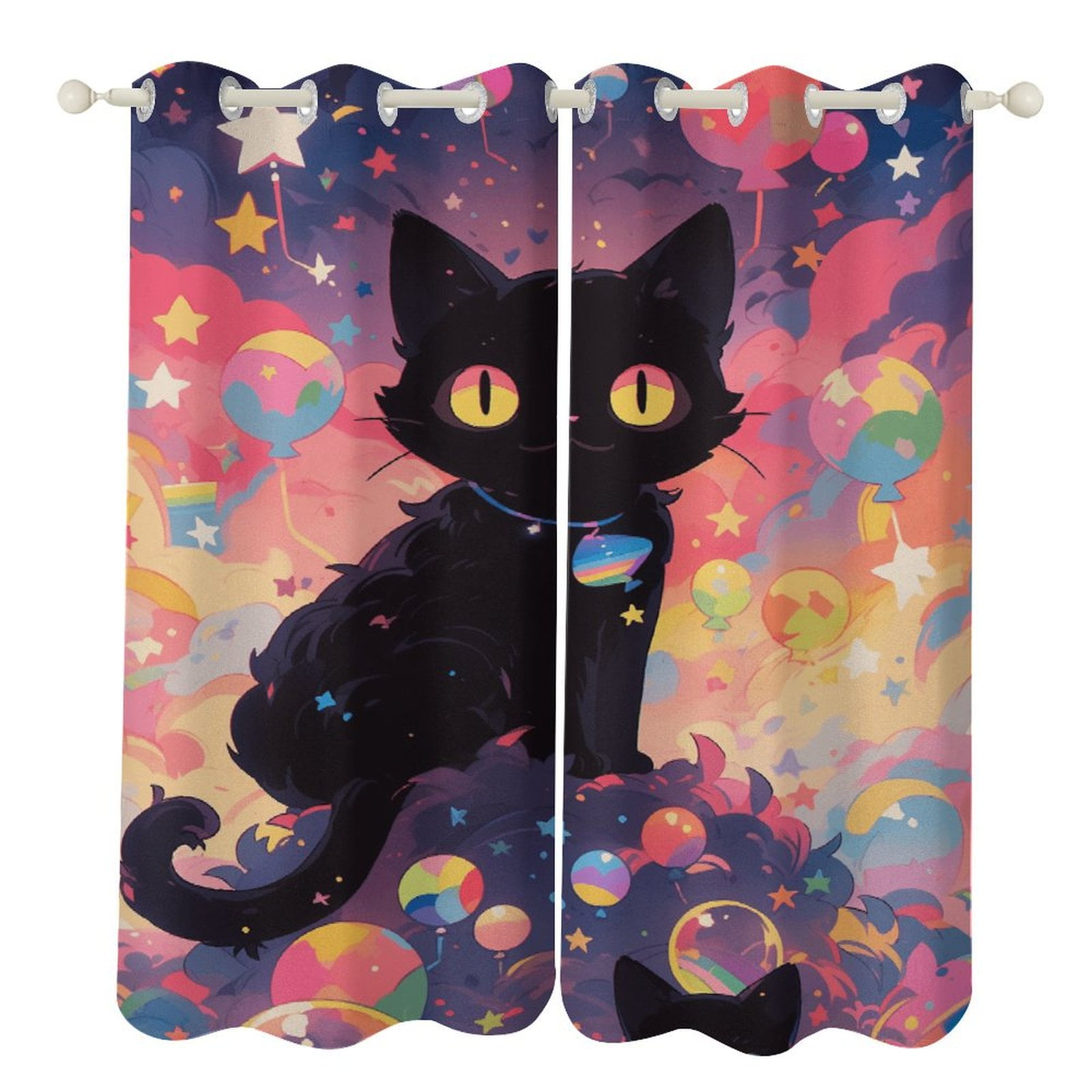 Cute Planet Cat 2 Panel Curtain Set, Watercolor Painting Window ...