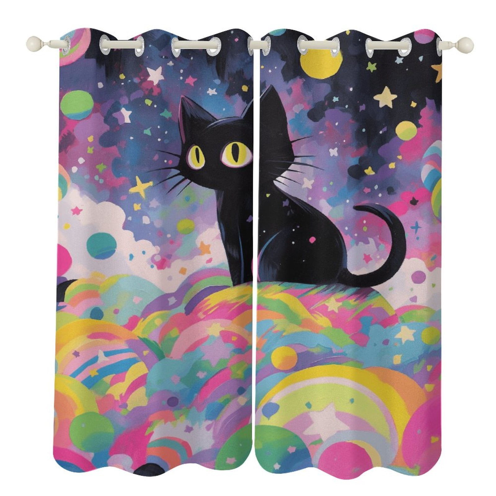 Cute Planet Cat 2 Panel Curtain Set, Watercolor Painting Window ...