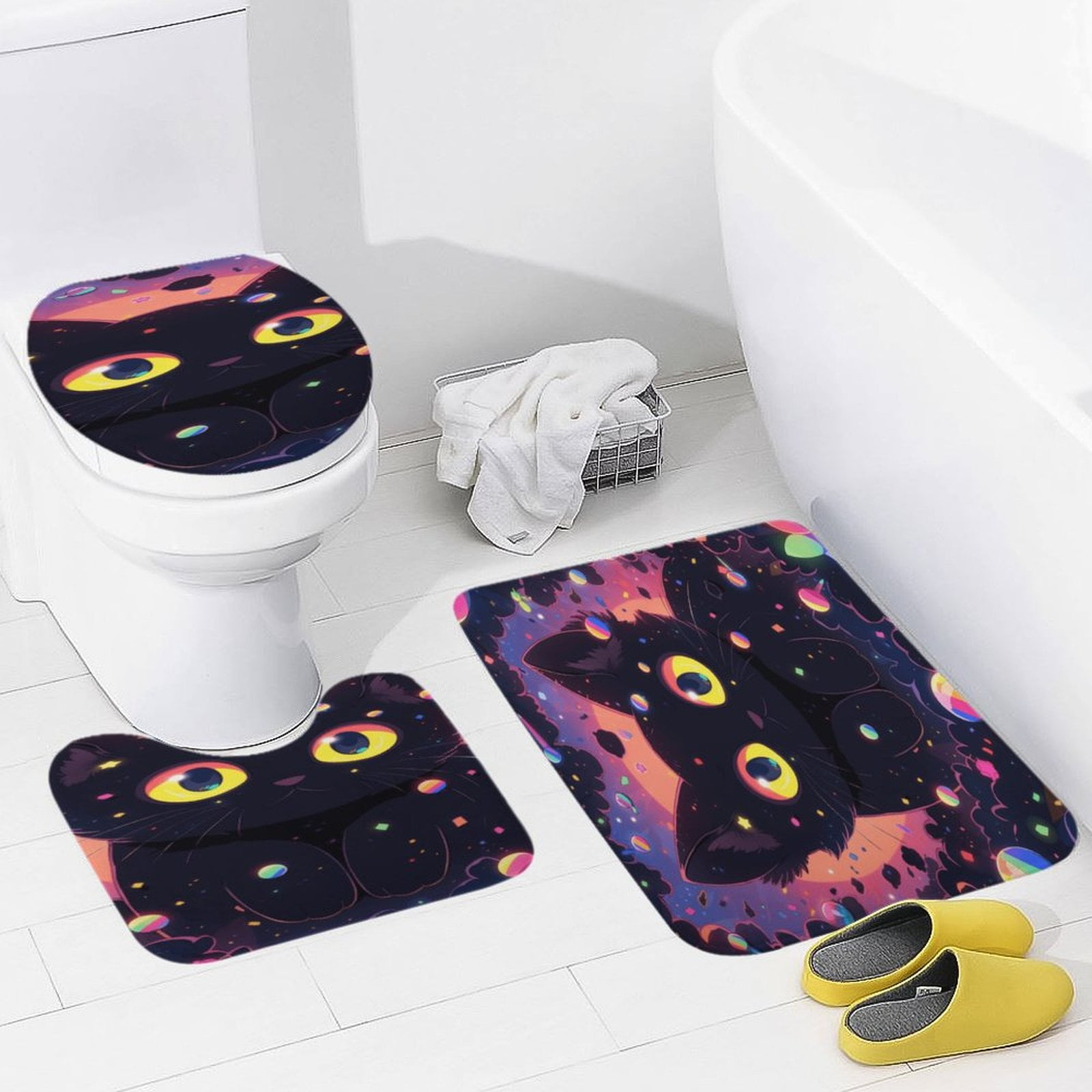 Cute Planet Cat Bathroom Rug Set of 3, No Silp Washable Cover Floor Rug ...