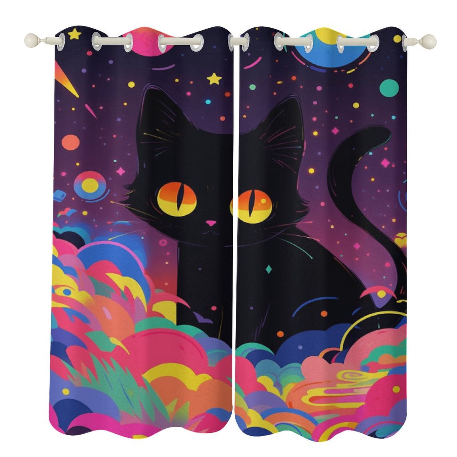 Cute Planet Cat Curtains Aesthetic Envrionmental Friendly Picture ...