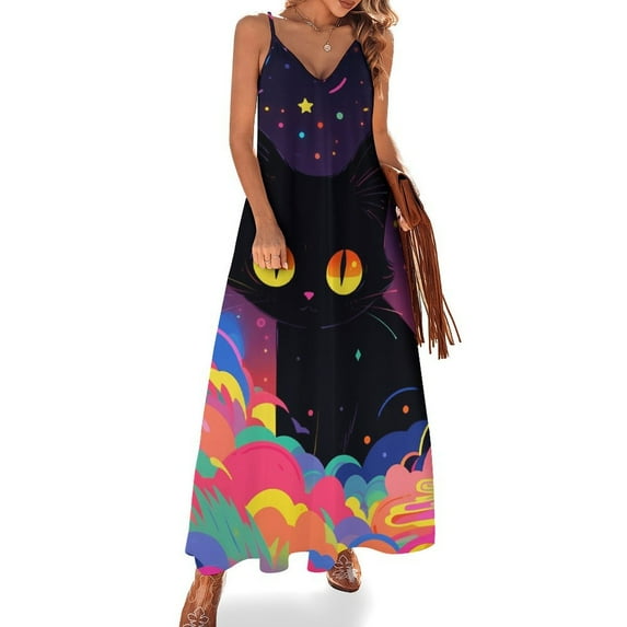 Cute Planet Cat Design Sleeveless Dress Woman Fashion Long Dresses ...