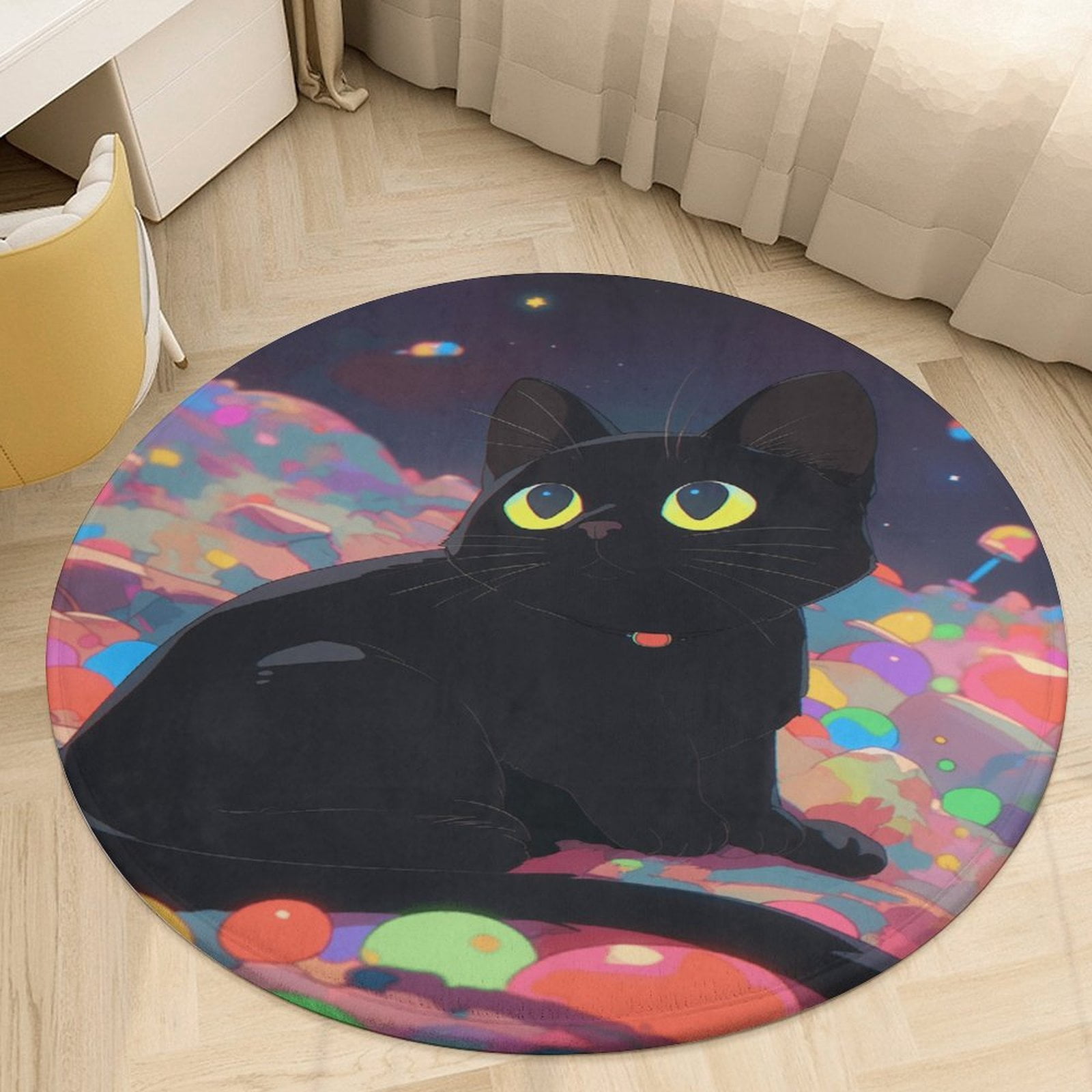 Cute Planet Cat Floral Medallion Round Rug - Small Round Area Rug, Soft ...