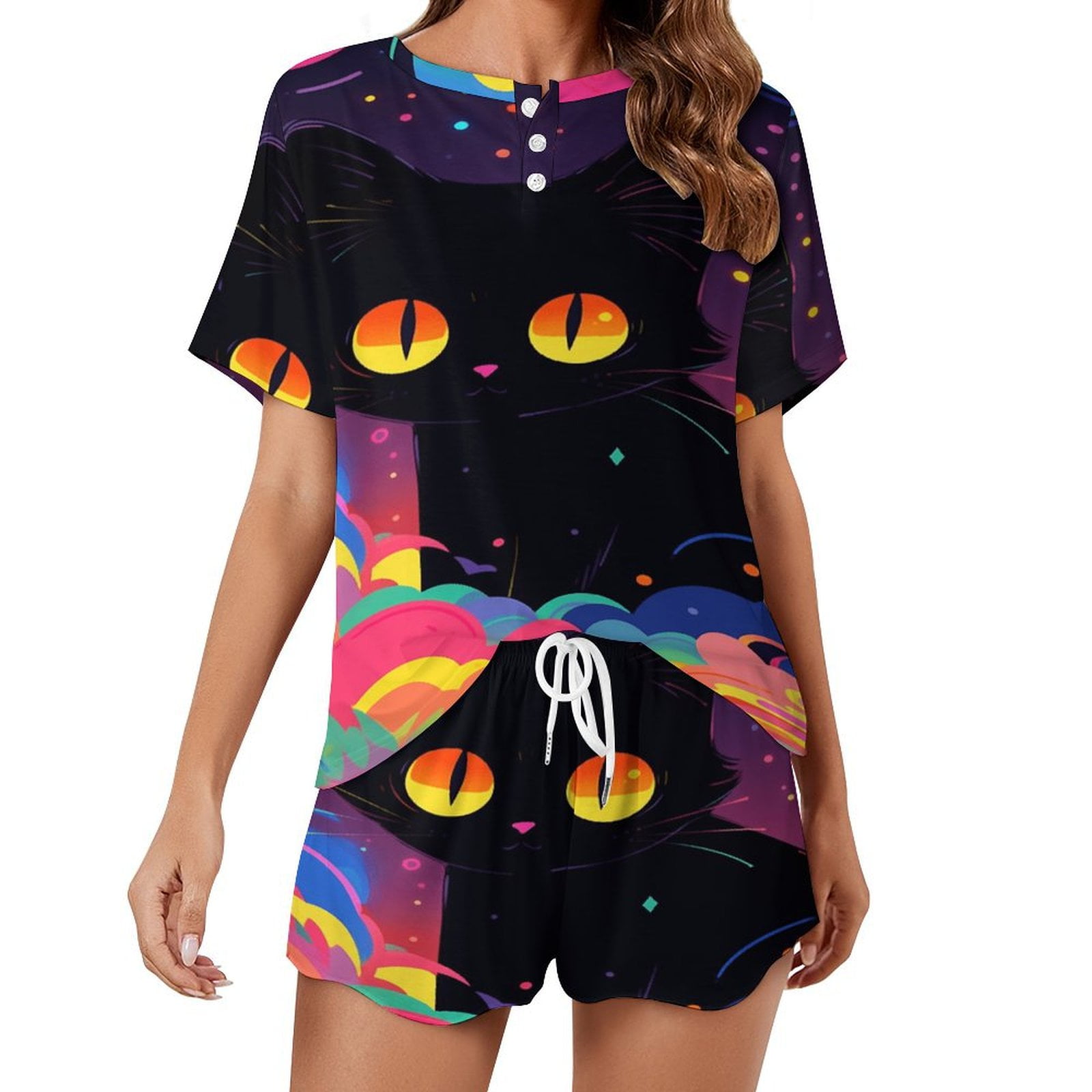Cute Planet Cat Pajama Set for Women 2 Piece Sleepwear Loungewear Short ...