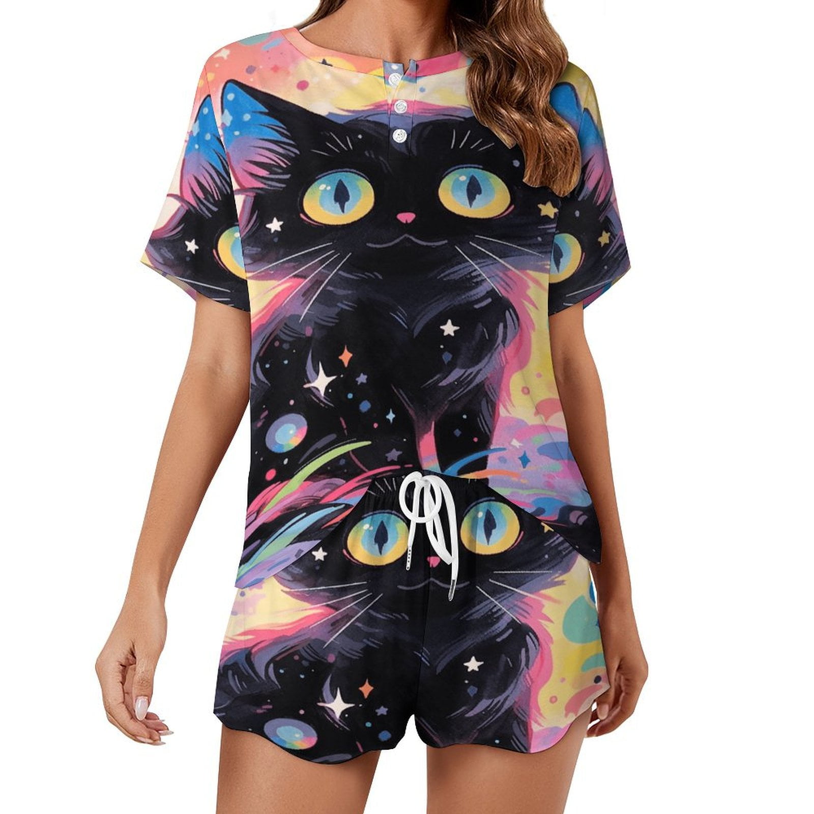 Cute Planet Cat Print Women'S Pajamas Set Summer Sleepwear Sets 2 Piece ...