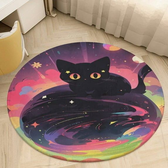 Cute Planet Cat Round Small Area Rug, Print Non Slip Washable Floor Mat ...