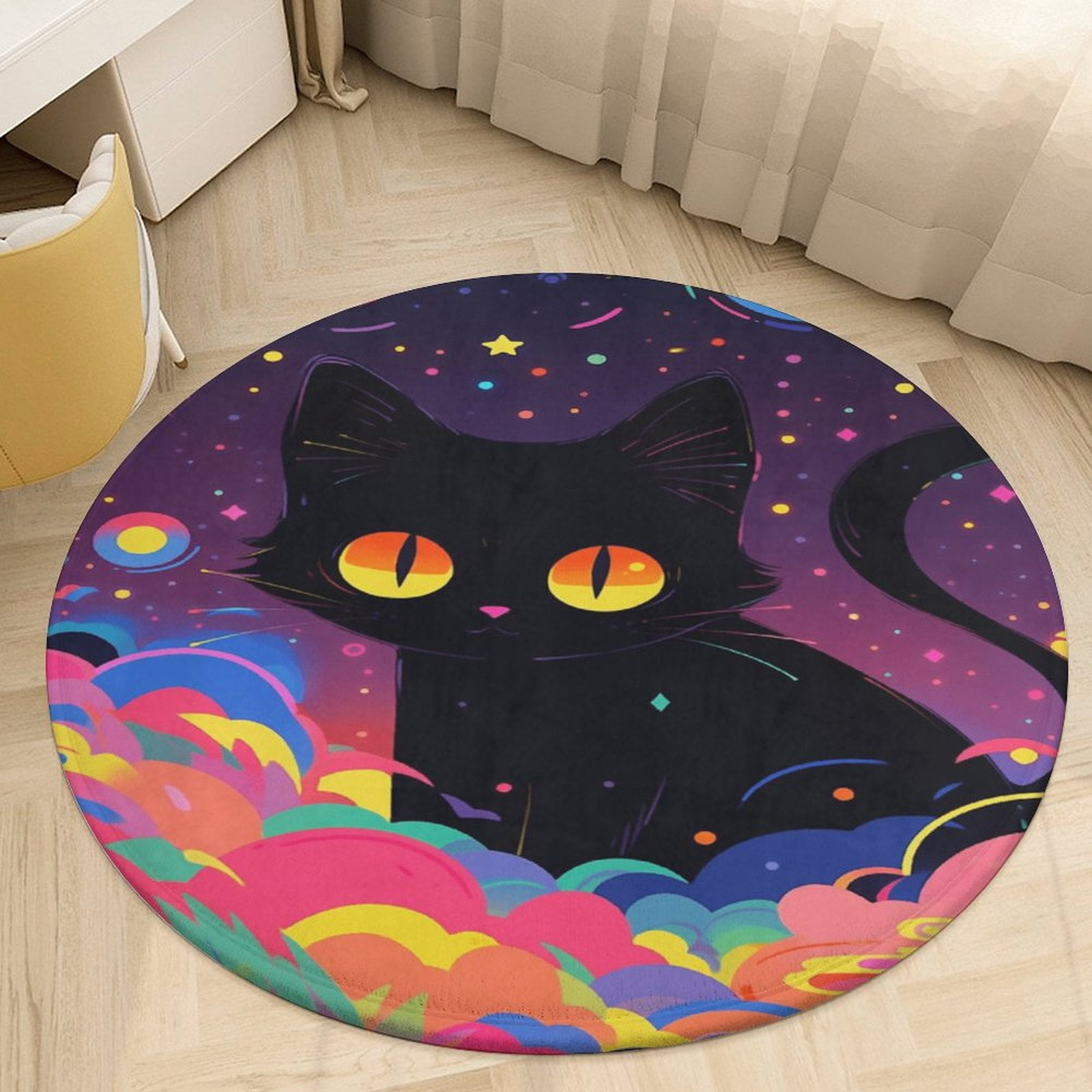 Cute Planet Cat Round Small Area Rug, Print Non Slip Washable Floor Mat ...