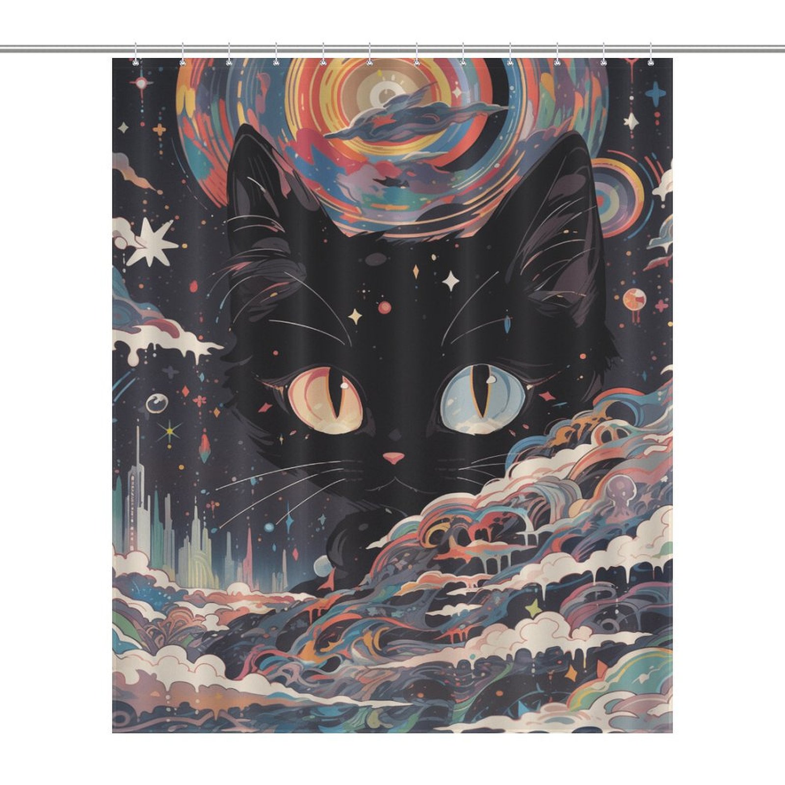 Cute Planet Cat Shower Curtain Cloth Fabric Bathroom Decor with Hooks ...