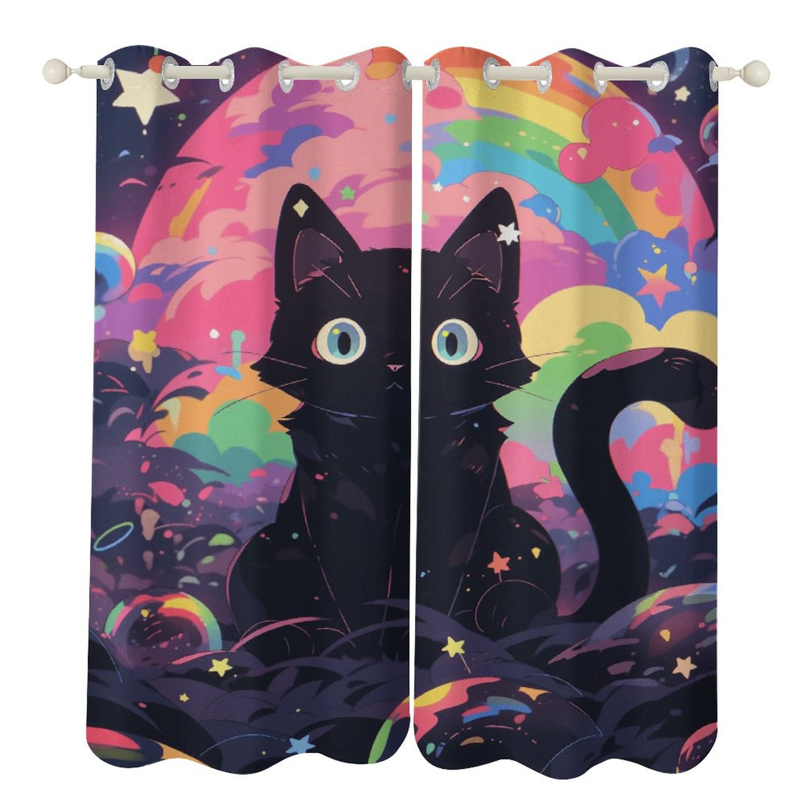 Cute Planet Cat Window Curtains for Bedroom Colorful Printed Window ...
