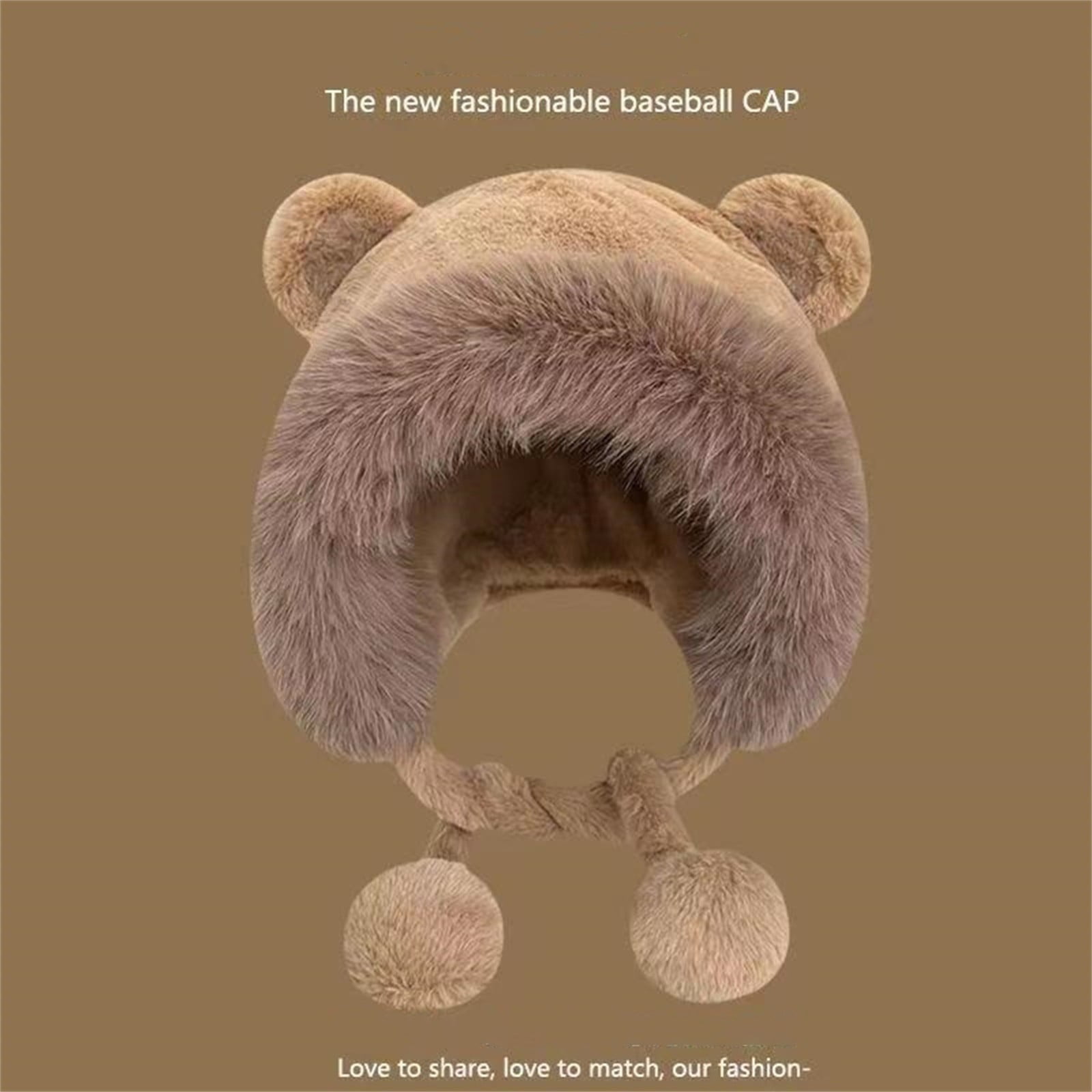 Cute Plush Faux Cap With Ear Fuzzy Bear Hat Soft Warm Winter Hat Beanie ...