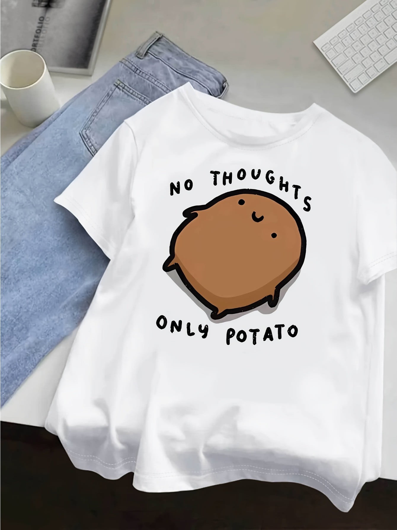 [Cute Potato Tee] Soft Cotton Women's Cute Potato Graphic Tee | Casual Round Neck Short Sleeve T ...