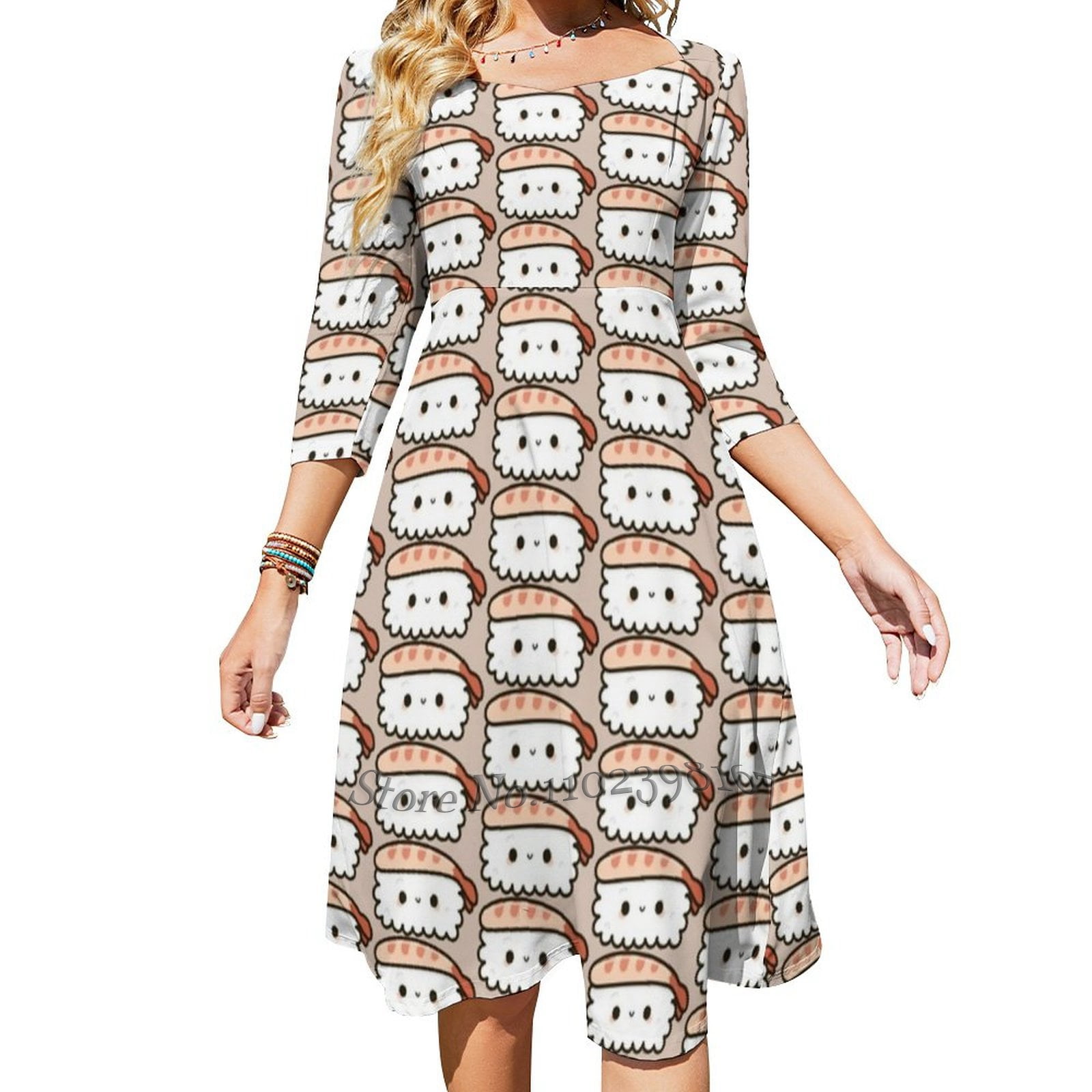 Cute Prawn Sushi Square Neck Dress New Plus Size Elegant Women Waist ...