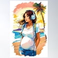 Cute Pregnant Woman Listening To Music Walking On A Beach Travel Summer ...