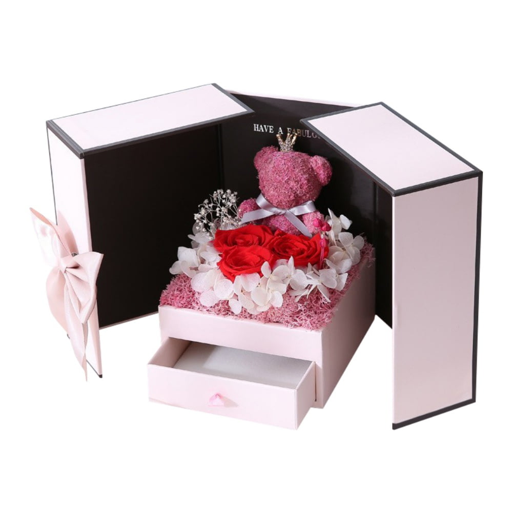 Cute Preserved Real Red Rose Moss Bear Gifts with Three Roses Forever ...