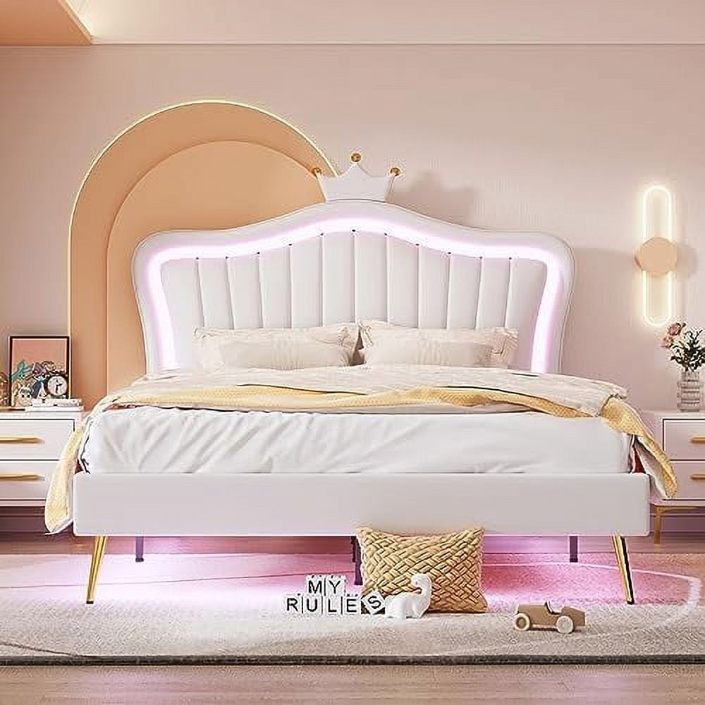 Cute Princess Bed with LED Lights for Kids,Full Size Platform Bed with ...