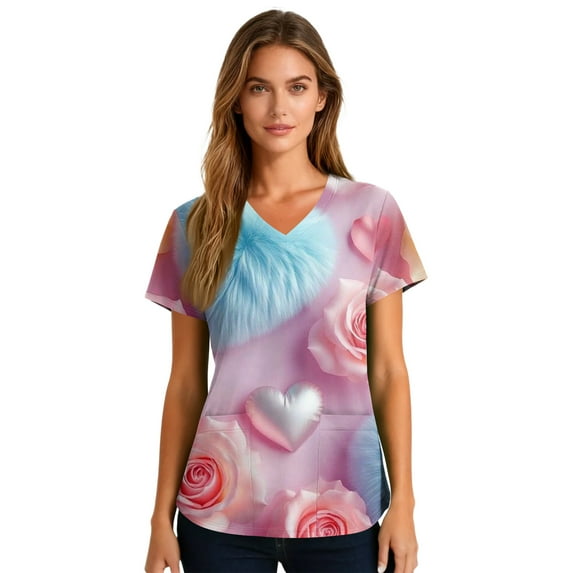 Cute Printed Scrub Tops Women's Short Sleeve V-Neck - Valentine's Love ...