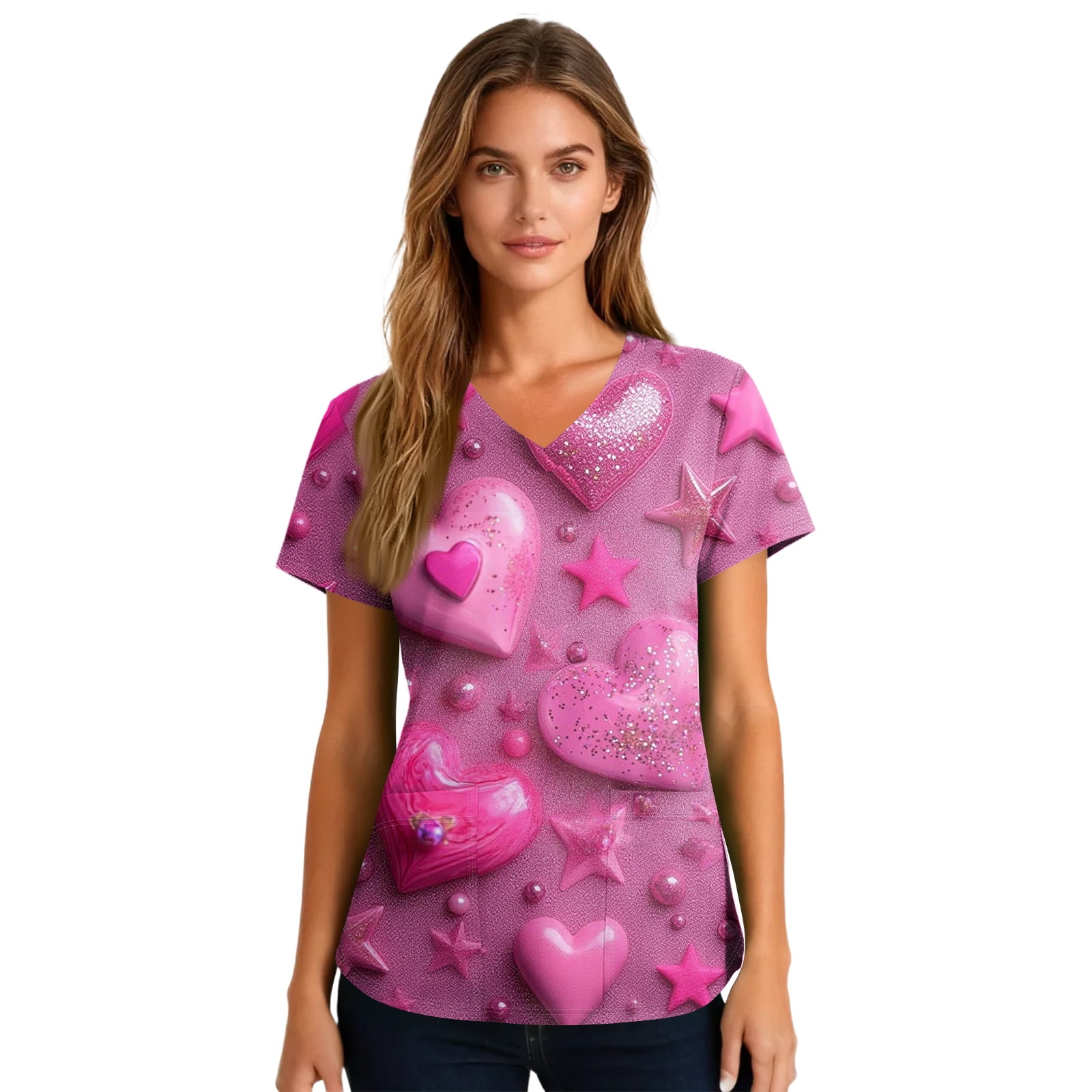 Cute Printed Scrub Tops Women's Short Sleeve V-Neck - Valentine's Love ...