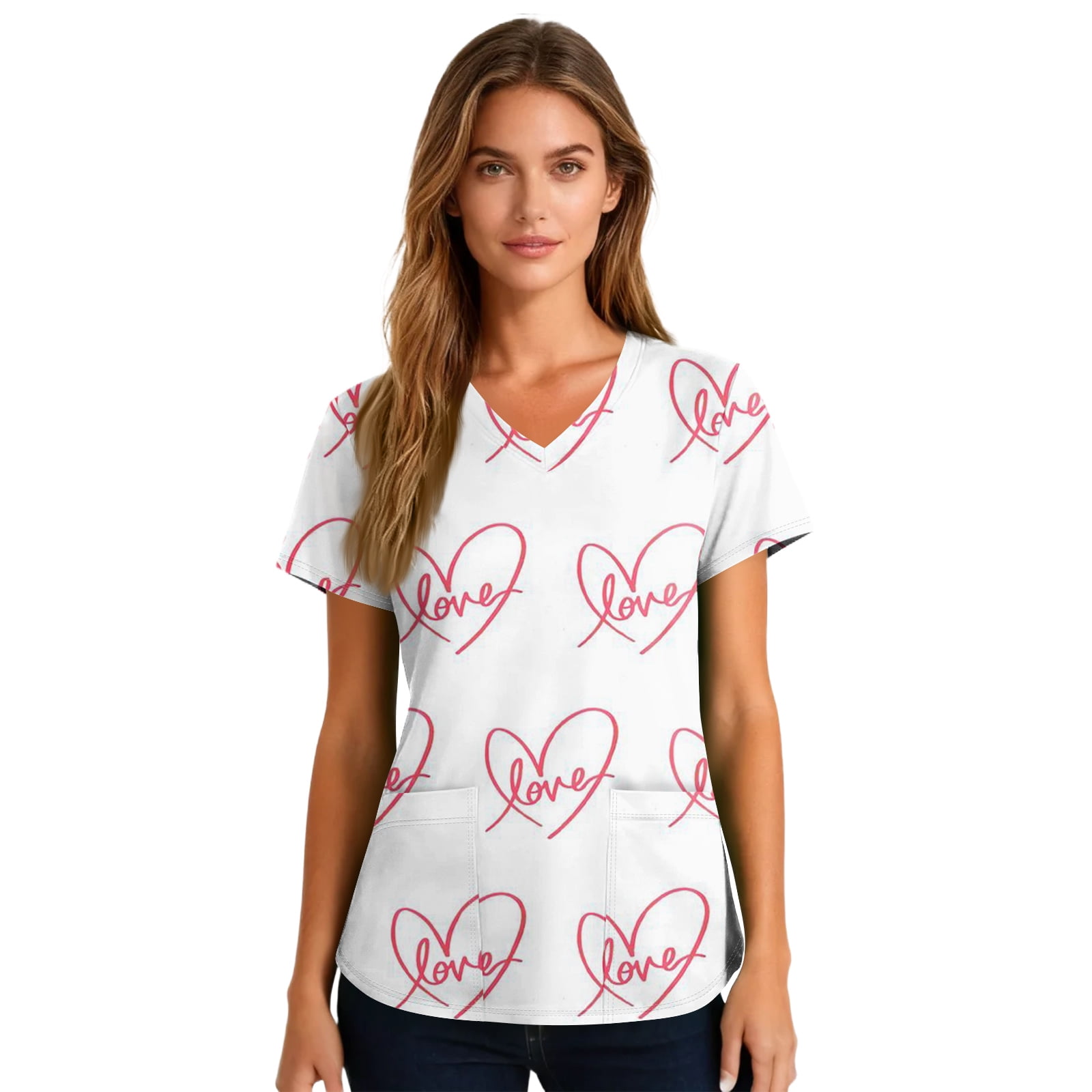 Cute Printed Scrub Tops Women's Short Sleeve V-Neck - Valentine's Love ...