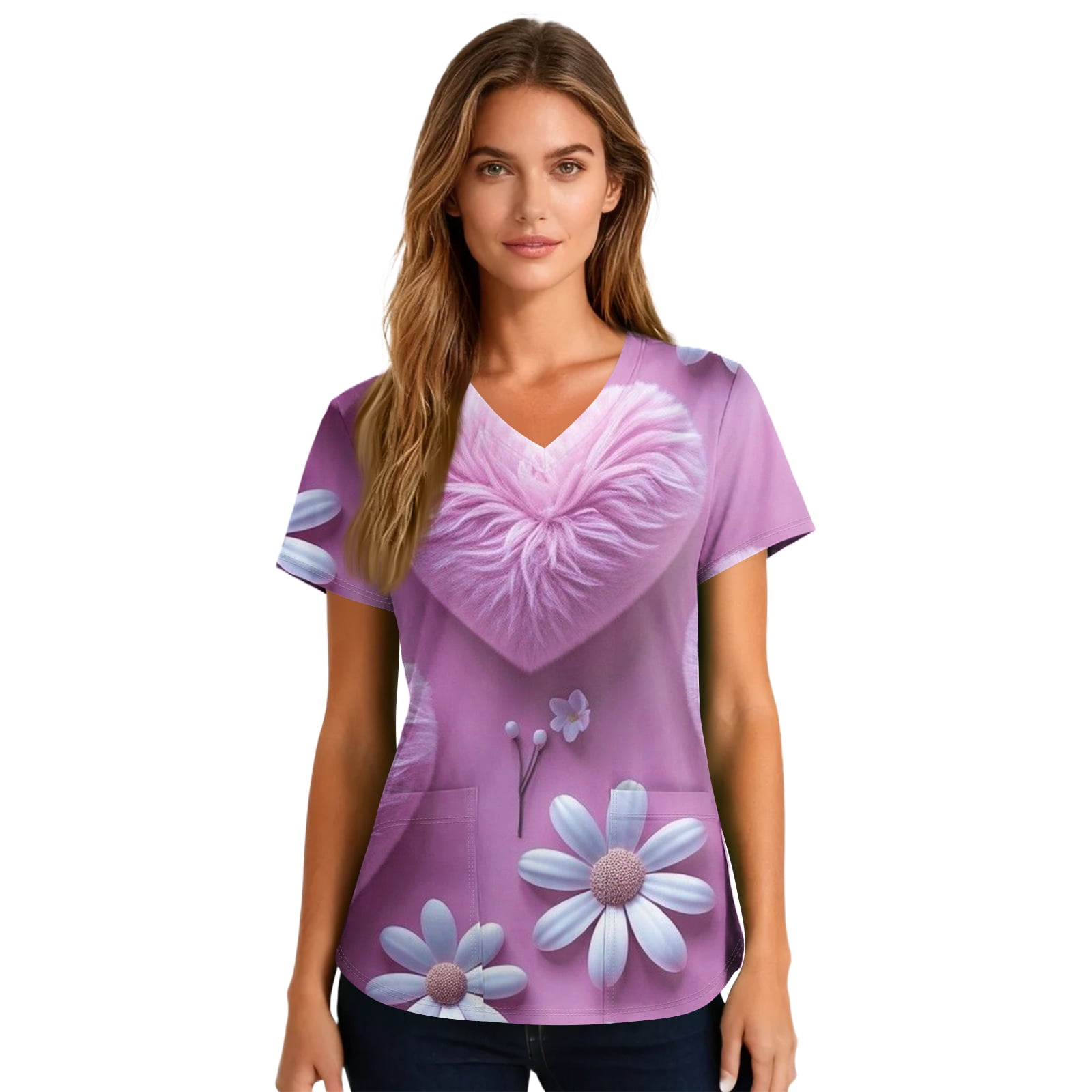 Cute Printed Scrub Tops Women's Short Sleeve V-Neck - Valentine's Love ...