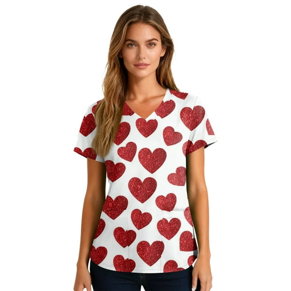 Cute Printed Scrub Tops Women's Short Sleeve V-Neck - Valentine's Love ...
