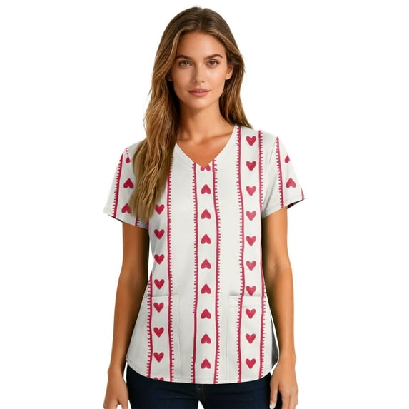 Cute Printed Scrub Tops Women's Short Sleeve V-Neck - Valentine's Love ...