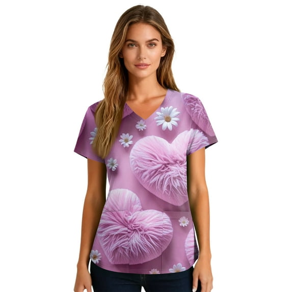 Cute Printed Scrub Tops Women's Short Sleeve V-Neck - Valentine's Love ...