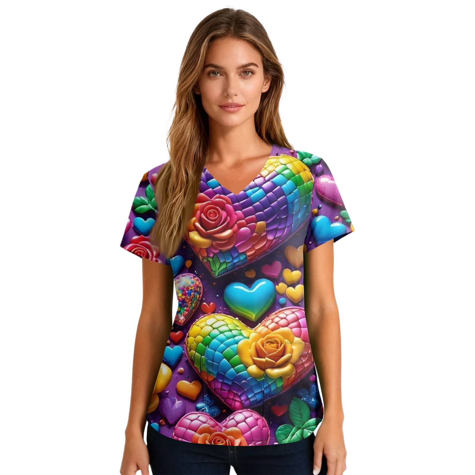 Cute Printed Scrub Tops Women's Short Sleeve V-Neck - Valentine's Love ...