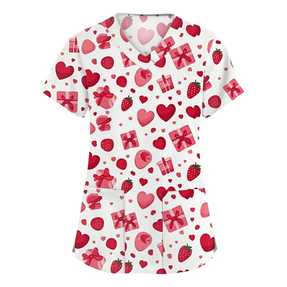 Cute Printed Scrub Tops for Women - Valentine's Day Heart Pattern Short ...