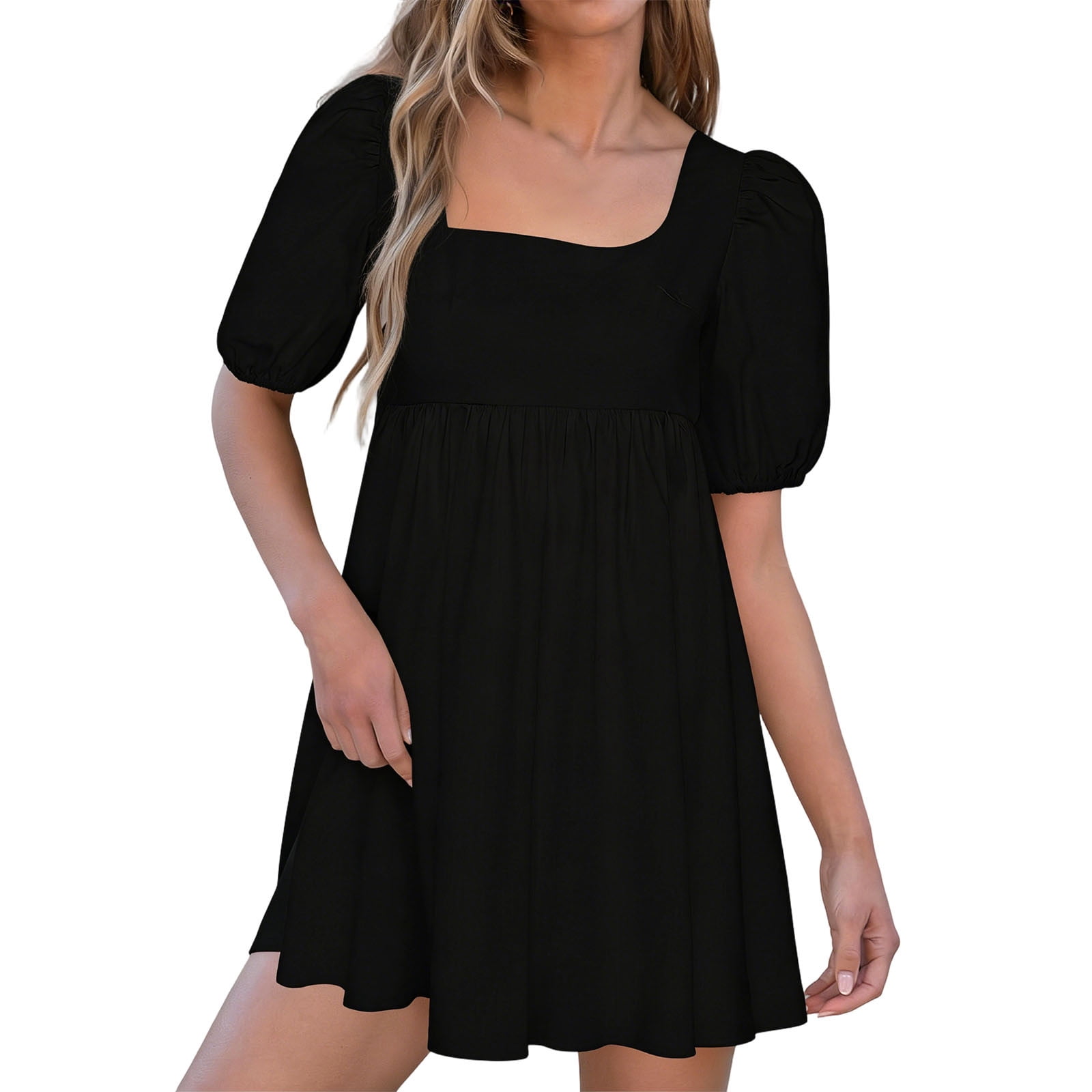Cute Puff Sleeve Babydoll Mini Dress for Women Summer Loose Square Neck ...