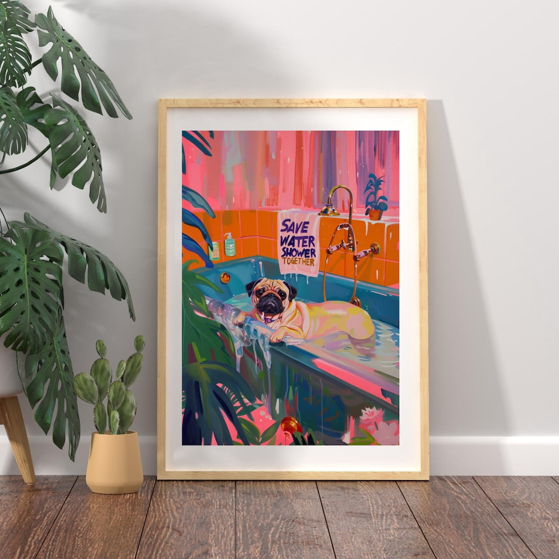 Cute Pug In Bathtub, Save Water Shower Together, Funny Bathroom Poster ...
