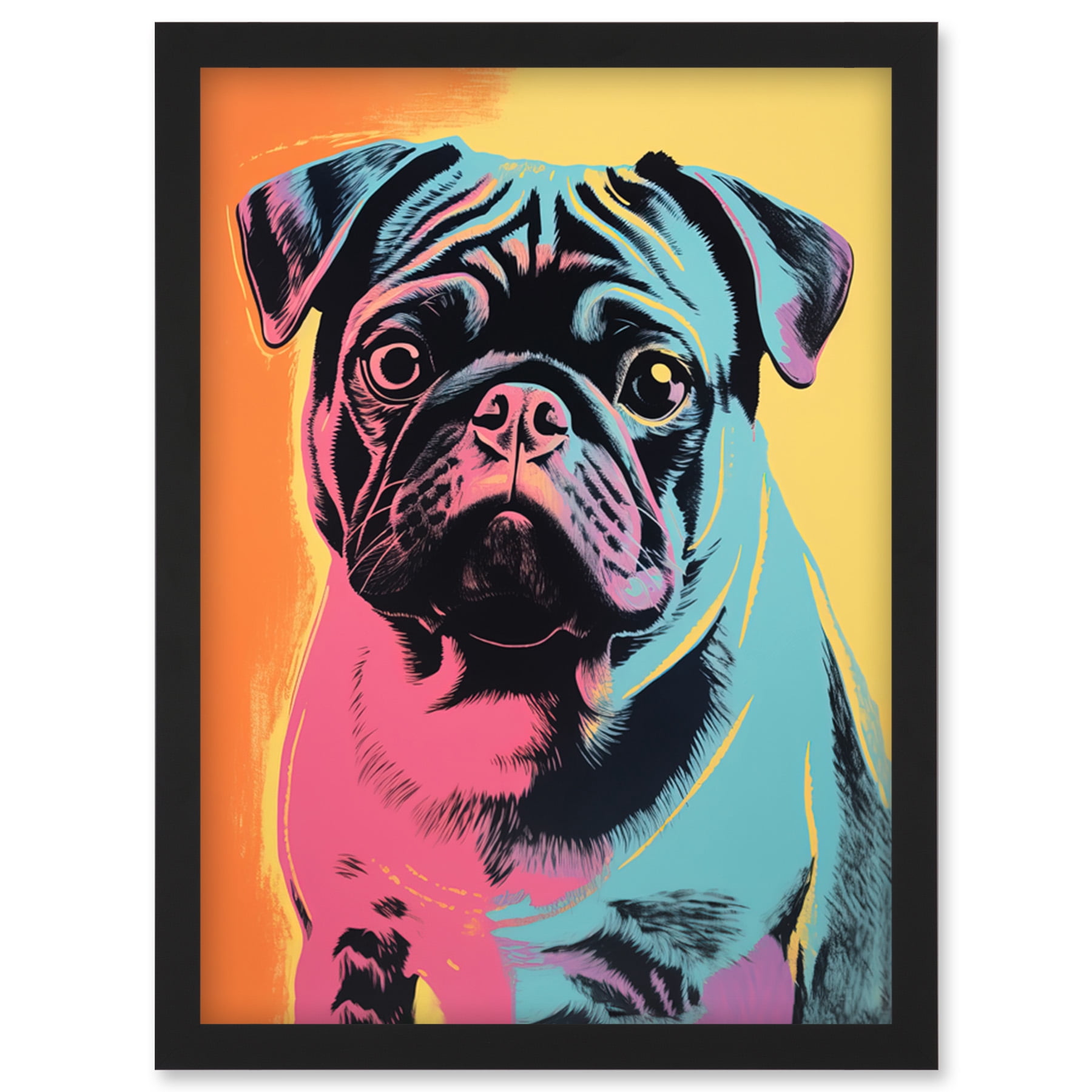 Cute Pug Dog Colourful Artwork Pink Turquoise Orange and Yellow Vibrant ...