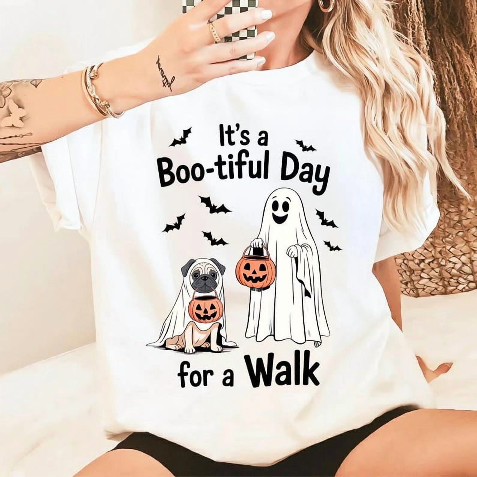 Cute Pug Ghost Halloween Walk T-Shirt, Pug Dog Ghost Trick or Treat ...