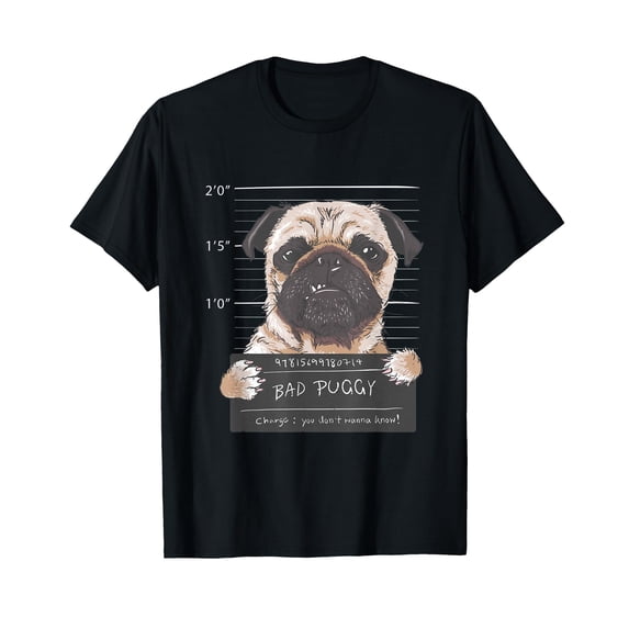 Cute Pug Mugshot Bad Puggy Puppy Humor Funny Dog T-Shirt - Cartoon Pug ...