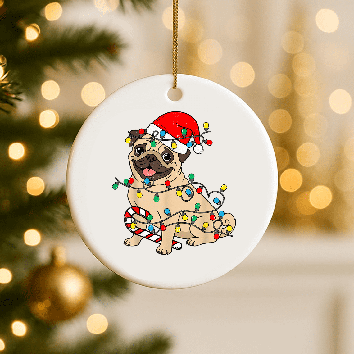 Cute Pug Noel Lights Jolly Man Noel Pet Dog Lover Ornament 2D FLAT ...