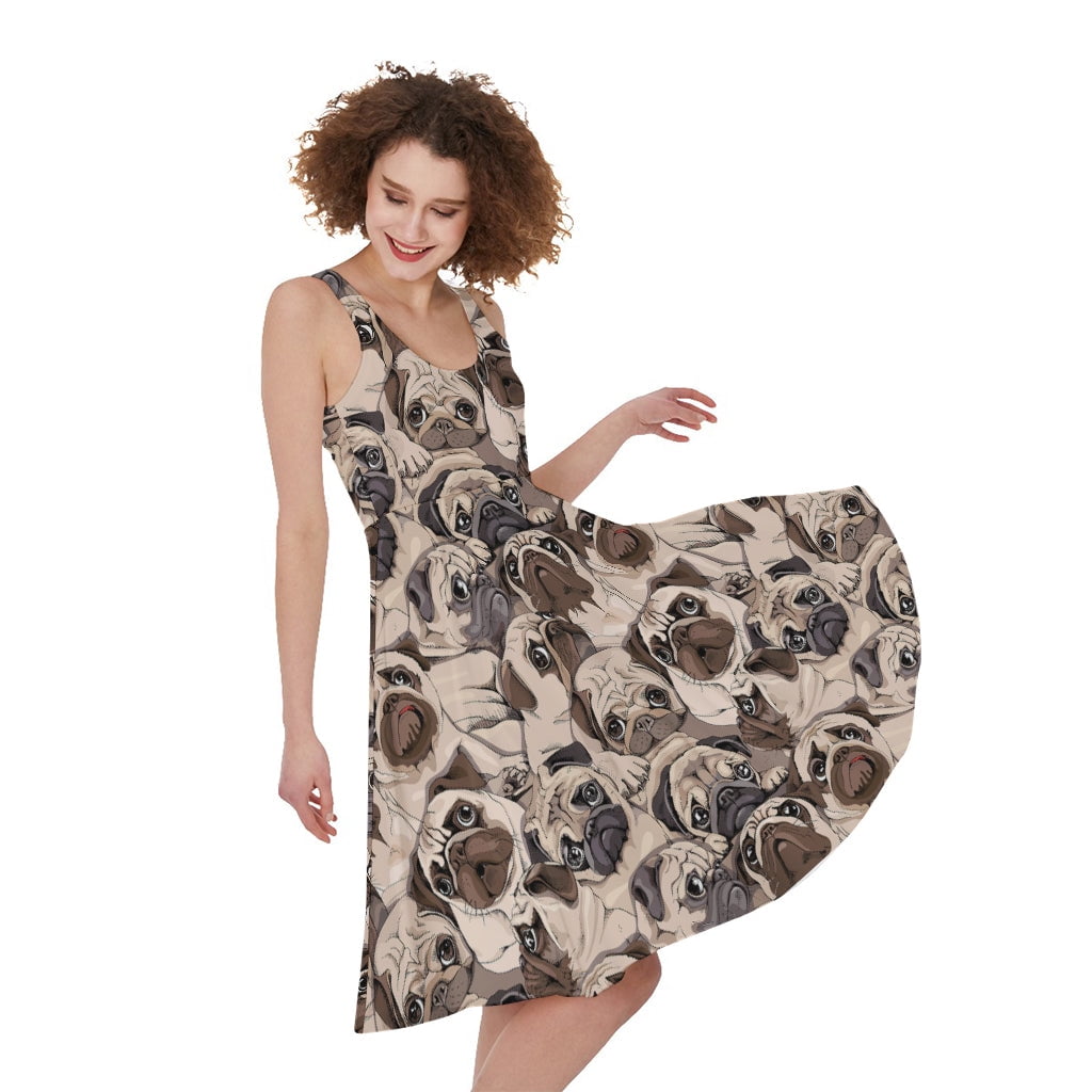 Cute Pug Pattern Print Sleeveless Knee Length Dress, Dog Pet Lover ...
