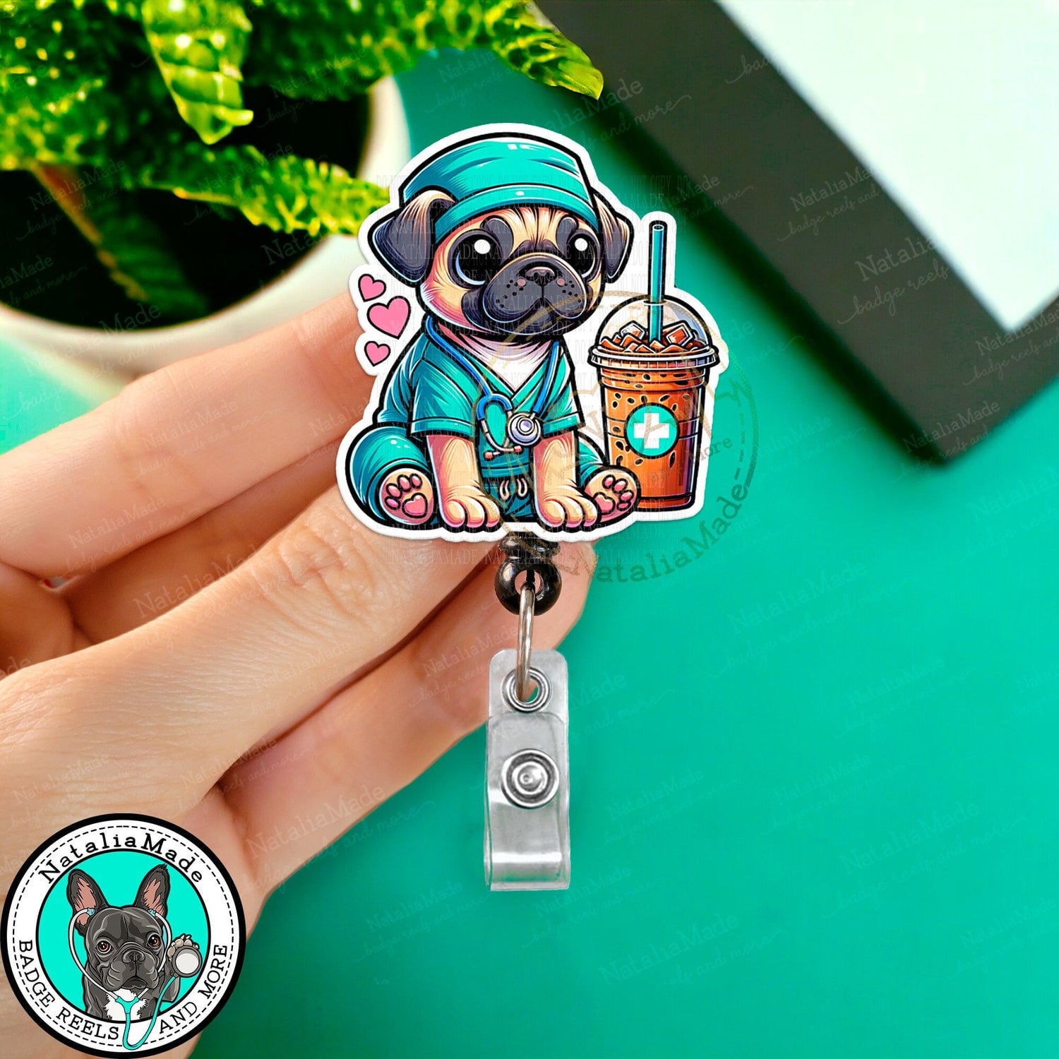 Cute Pug Retractable ID Badge Reel, Pug In Scrubs Vet Tech Badge Holder ...