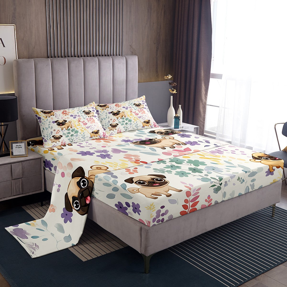 Cute Pug Twin Bed Sheets Set,Rainbow Floral Dog Kawaii Bedding Set Pet ...
