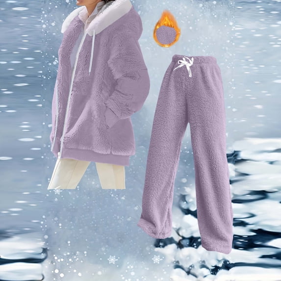 Cute Pullover Hoodies Suit Set Woman Winter Warm Fuzzy Outfits Long ...