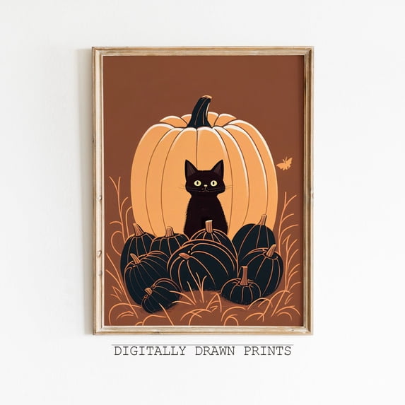Cute Pumpkin Cat Wall Art Fall Decor, Unframed Paper Print Size 12x18 ...