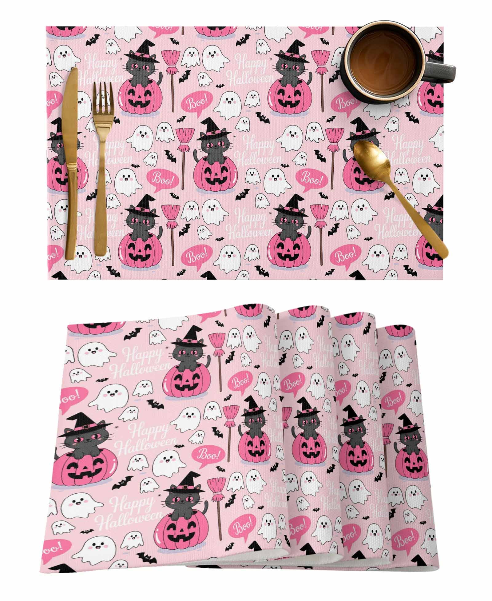 Cute Pumpkin Halloween Ghost Placemats Set of 12 Black Cat Broom Bat ...