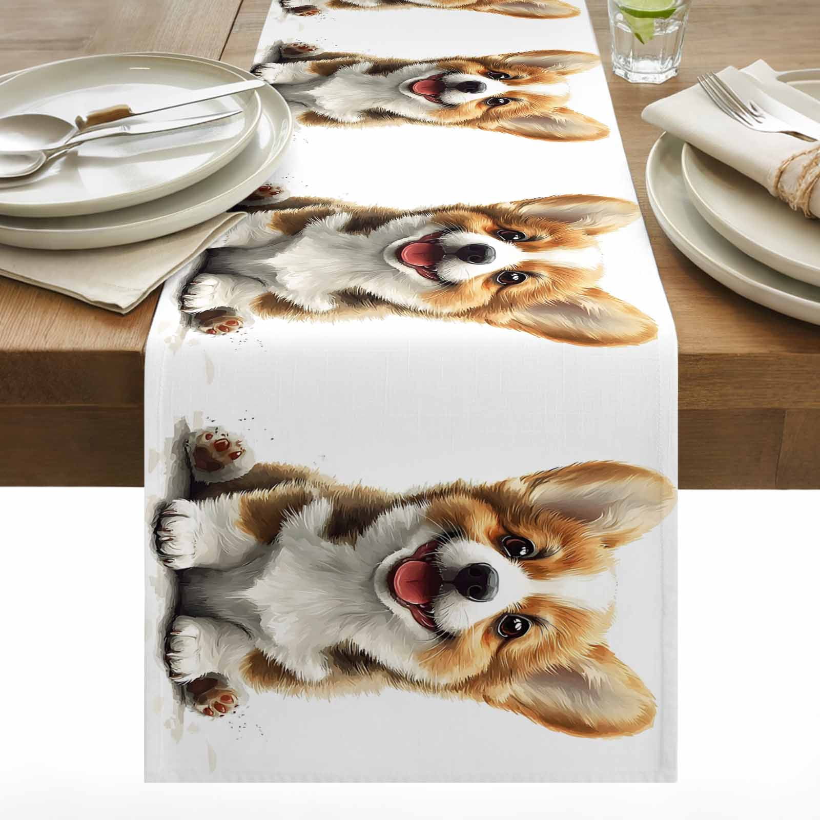 Cute Puppy Cotton Linen Table Runner Funny Cartoon Watercolor Brown Dog ...