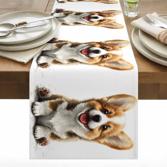 Cute Puppy Cotton Linen Table Runner Funny Cartoon Watercolor Brown Dog ...