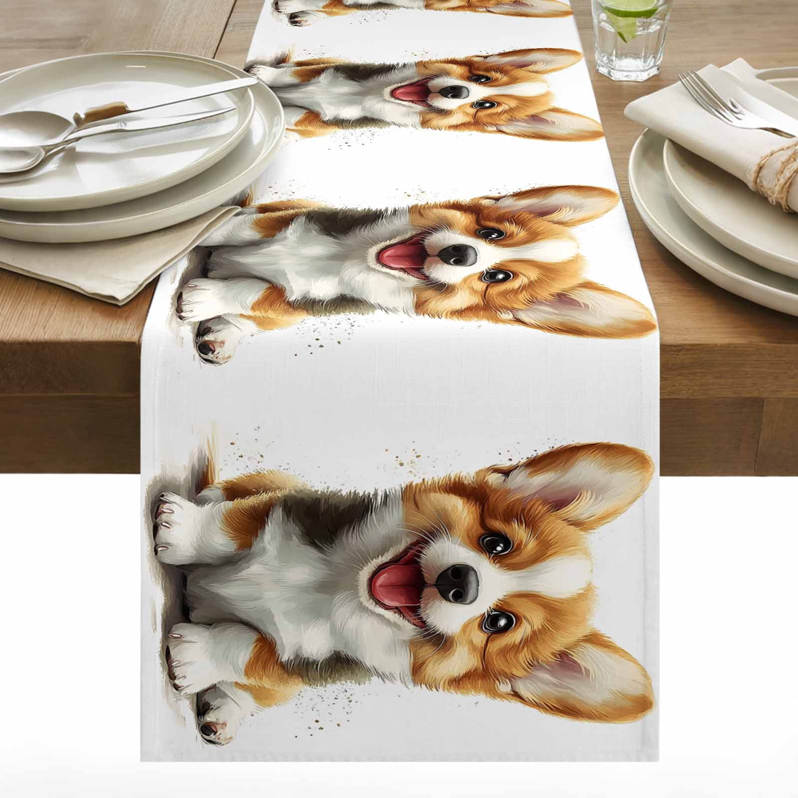 Cute Puppy Cotton Linen Table Runner Watercolor Cartoon Dog Animal ...