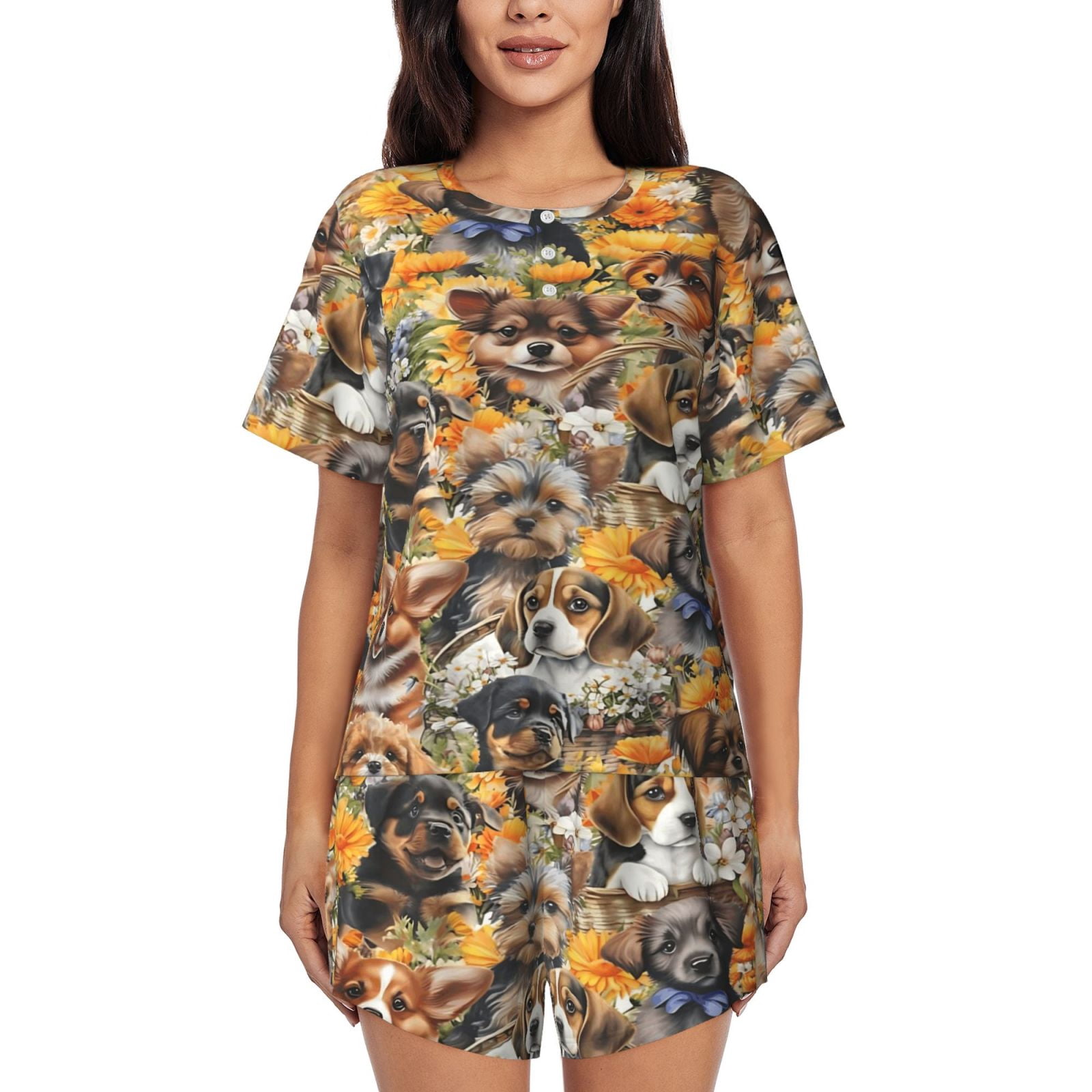 Cute Puppy Dog Women’S Short-Sleeved Pyjama Set Round-Neck Loungewear ...
